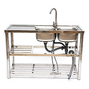 Commercial Kitchen Utility Sink with Prep Table, Free Standing Stainless Steel Double Bowl Kitchen Sink Set with Faucet and Drainboard Indoor Outdoor Rectangular Catering Sink 47.24x31.88x17.71inch