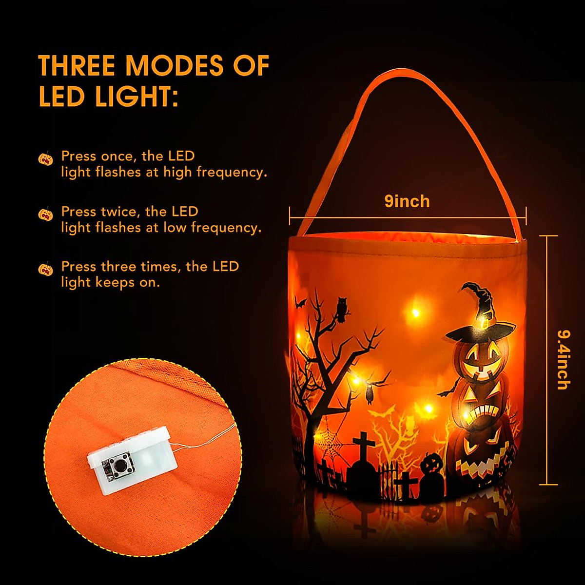 Tarocynn 2 Pieces Halloween Candy Bucket with LED Light Trick or Treat Bags Halloween Bakset Reusable Pumpkin Candy Baskets Tote Bag for Kids Party Supplies Favors