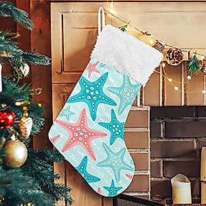 Kigai Christmas Stockings Sea Pattern with Starfish Large Candy Stockings Stuffers Kids Cute Xmas Sock Decorations 1PC for Home Holiday Party 12" x18"