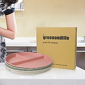 greenandlife 9 Inch (4PCS) Unbreakable Divided Plates for Kids Adults, Dishwasher & Microwave Safe Compartment Plates, Lightweight Reusable Plastic Portion Control Plates, BPA Free and Healthy