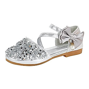 Lykmera Princess Shoes Infant Crystal Bowknot Girls Kids Single Pearl Bling Sandals Shoes Baby Girls Dancing Sandals Shoes (Silver, 11-11.5 Years Big Kids)