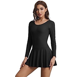 Aoylisey Women's Long Sleeve Leotard Dance Skirted Bodysuits (Black, S)