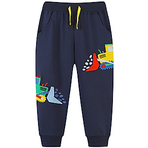 Bumeex Kids Little Toddler Boys Clothes Sweatpant Pants Cotton Jogger Sweat Pant Outfits Clothing Navy Dinosaur and Excavator 3t