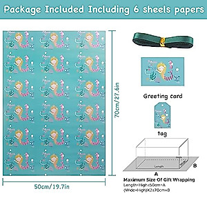 Mermaid Wrapping Papers, Princess of the Sea Little Mermaid design 6 Sheets Folded Flat 20x28 inches per Sheet with Emerald Green Ribbon, Gift Tag and Greeting Card for Birthday Party Baby Shower