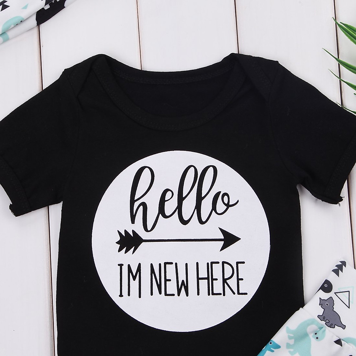 Hello Im New Here Infant Baby Boy Dinosaur Outfit Romper Pant Hat Clothes Set (0-3 Months, Black+White)