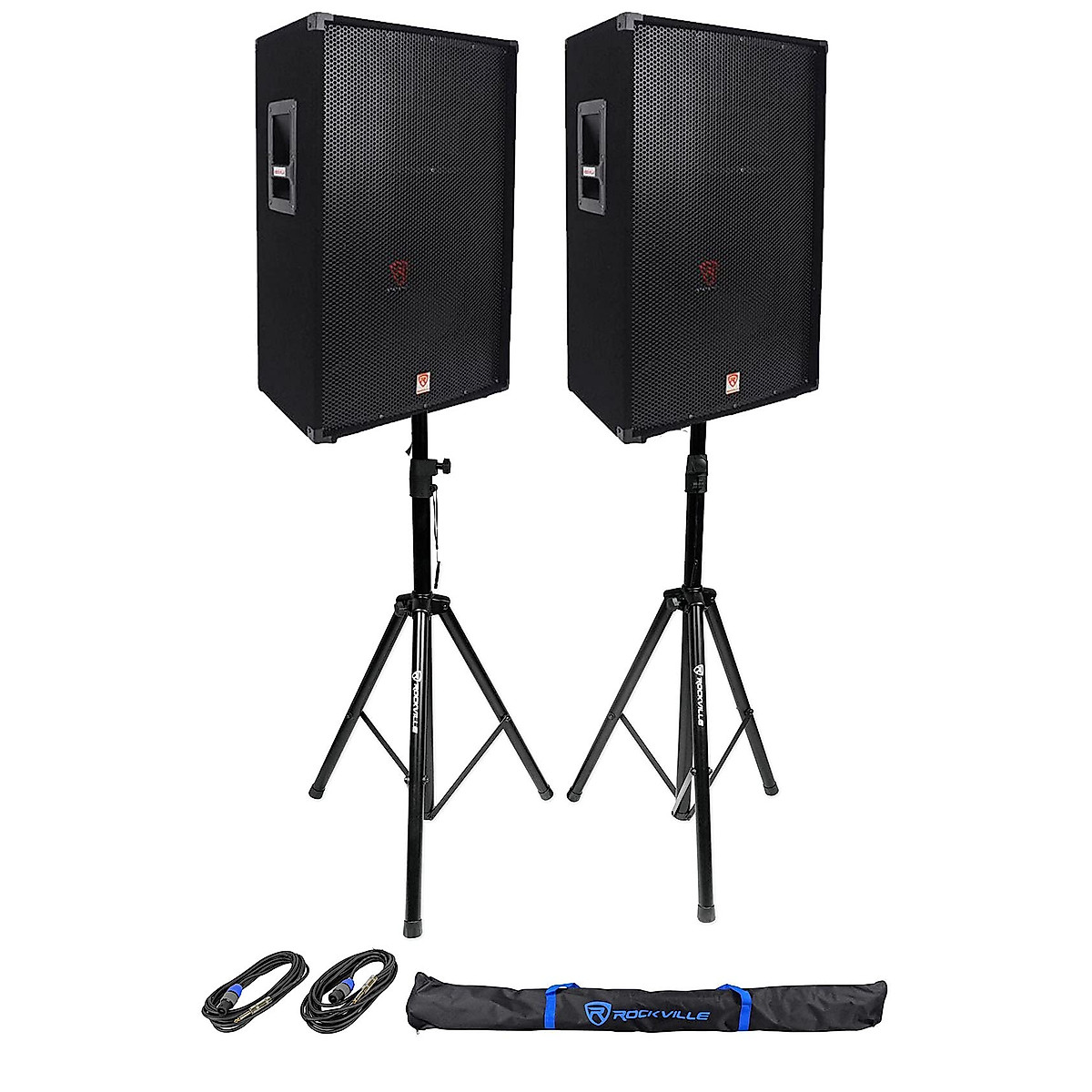 (2) Rockville RSG15 15 3-Way 1500 Watt 8-Ohm DJ PA Speaker +Stands +Cables