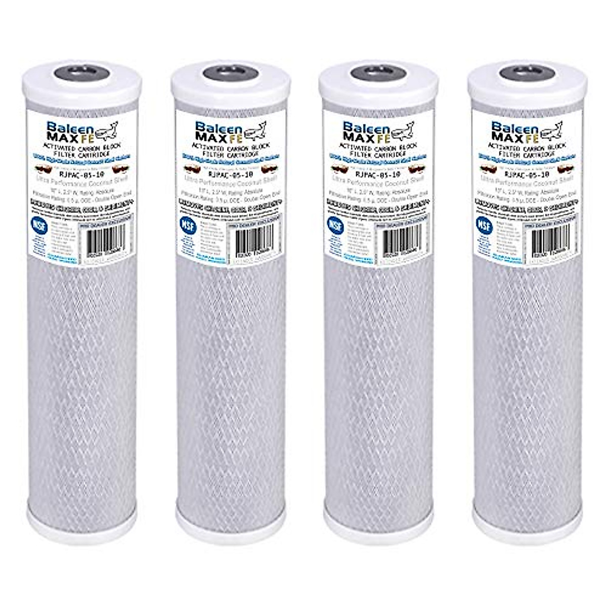 4-Pack of Baleen Filters 10" x 2.5" 0.5 Micron Coconut Shell Performance Carbon Filter Cartridge Replacement for HDX SMCB-2510, Watts MAXVOC-975, Pentek CBC-10