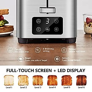 Toaster 2 Slice Extra-Wide 1.57” Slots, REDMOND Stainless Steel Toaster with LED Display, 6 Bread Shade Settings, Defrost/Bagel/Reheat/Cancel Functions and Removable Crumb Tray - 2 Slice
