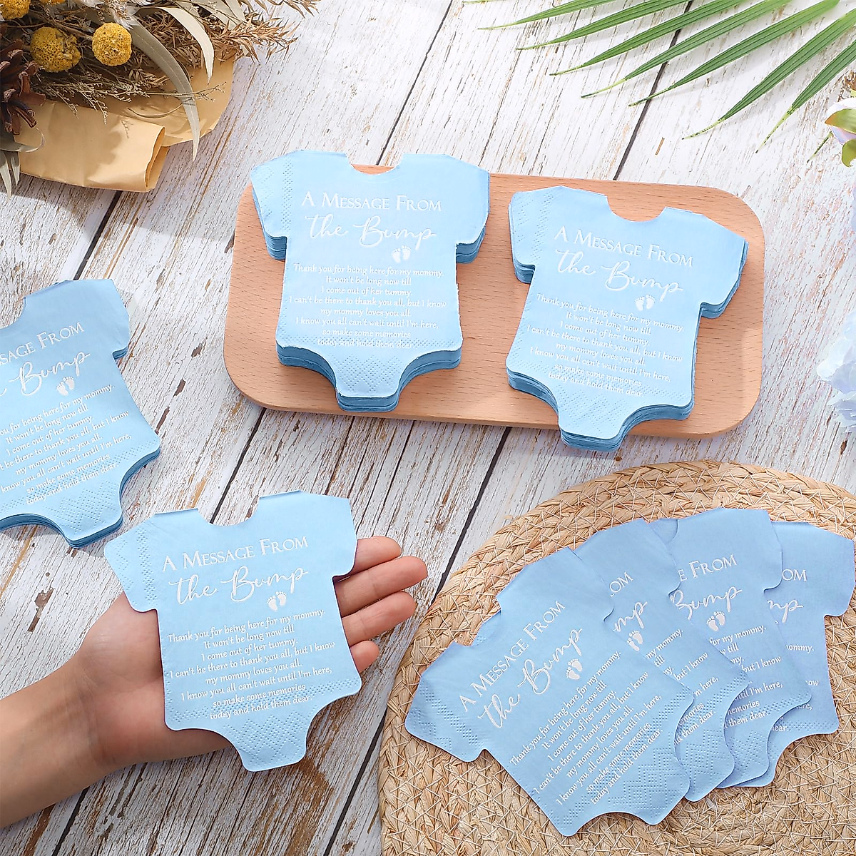 Colarr 100 Pcs Small Baby Shower Napkins Bodysuit Shape Gender Reveal Decorations Party Napkins a Message from the Bump Cocktail Disposable Paper Napkins for Baby Shower Thank You Gift (Blue)