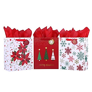 SUNCOLOR 3 Pack 13" Large Christmas Gift Bags with Tissue Paper