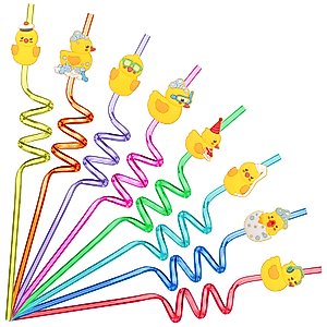 24 Pcs Duck Straws Duck Birthday Party Favors Duck Drinking Straws with 2 Pcs Cleaning Brushes Yellow Duck Theme Reusable Plastic Silly Straws for Kids Birthday Party Supplies, 8 Designs