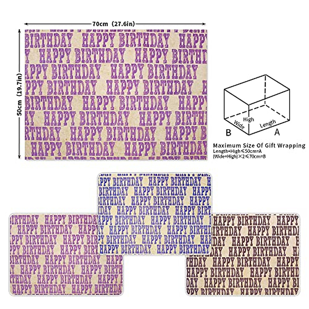 Happy Birthday Wrapping Paper for Men Boys Women Girls Adults Kids 3 Colors ''Happy Birthday'' Lettering Design Brown Birthday Gift Wrapping Paper 6 Sheets Folded Flat 20 X 28 Inches
