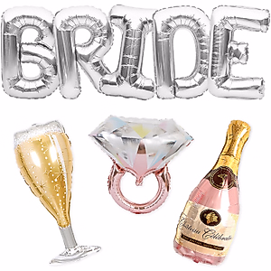 40 inch Bride Balloons Silver Letters Banner - Bachelorette Party Decorations Kit - Bach Party Supplies and Favors with Ring Balloon, Bottle Balloon and Glass Balloon