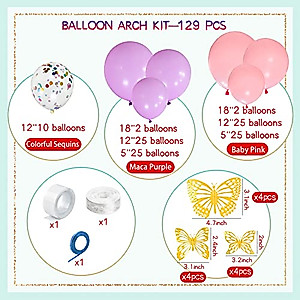 Pastel Pink Purple Balloon Garland Arch Kit 129 Piece Butterfly Theme Balloon Arch with Confetti Latex Balloons for Girls Women Birthday Baby Bridal Shower Wedding Party Decoration