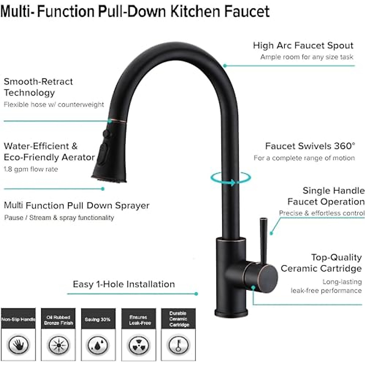 Kitchen Faucet with Deck Plate, Single Handle Solid Brass, Pull Out Sprayer Kitchen Sink Faucet Oil Rubbed Bronze, High Arc Pull Down Kitchen Faucet