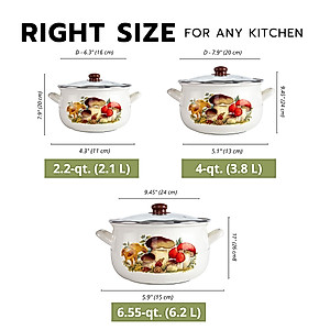 Mushrooms Enamel Belly Deep Stock Pot Set with Tempered Glass Lids Set of 3