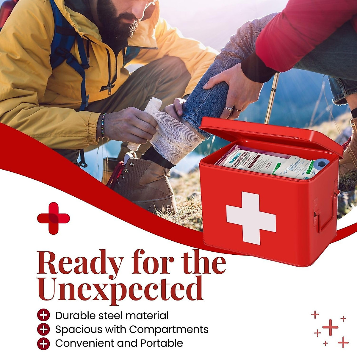 Flexzion First Aid Box Organizer, Empty 8.5 Inch Red Vintage First Aid Kit Tin Metal Medical Box First Aid Storage Box Container Bins with Dividers, Removable Tray and Cross Logo