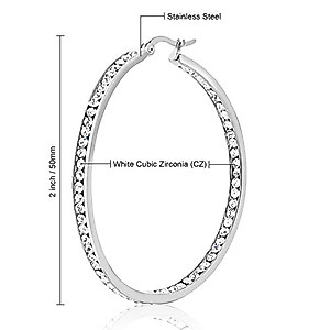 Gem Stone King 2 Inch Stunning Stainless Steel High Shine Inside-Out Hoop Earrings With CZ For Women