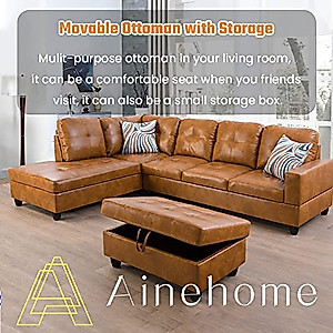 A Ainehome Sectional Sofa Living Room Furniture Set 103.5" Wide L Shape Couch Faux Leather with Left Hand Facing Chaise and Storage Ottoman for Home Room Decor Bedroom