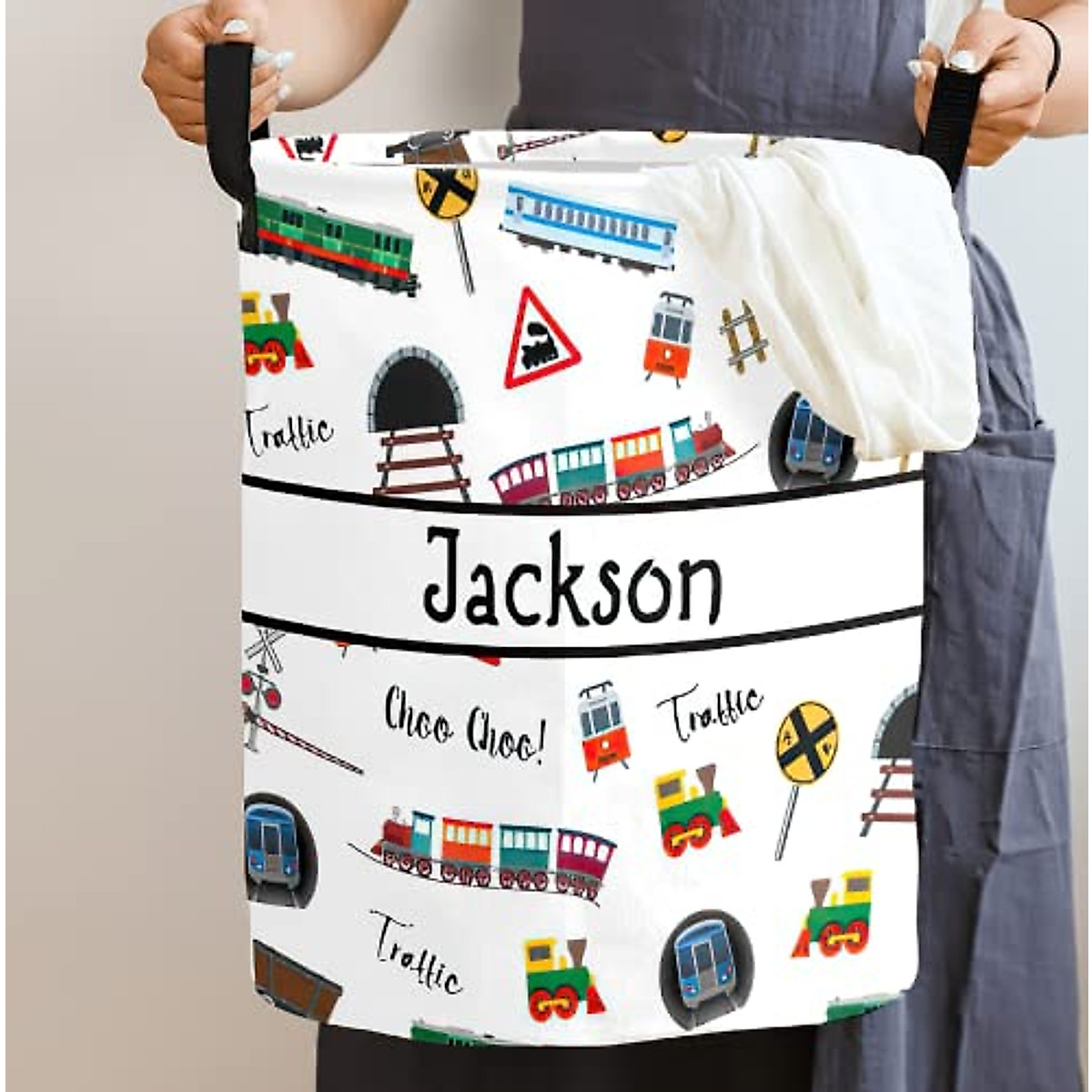 CustomLife Train Kids Customized Dirty Clothes Laundry Basket with Knitting Handle Dirty Clother Bag 19.69 inches (H) x 14.17 inches (W)