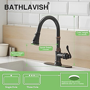 BATHLAVISH Bronze Kitchen Sink Faucet Oil Rubbed with Pull Down Sprayer Commercial Farmhouse Single Hole Single Handle with Hole Cover Plate Solid Brass Lead-Free