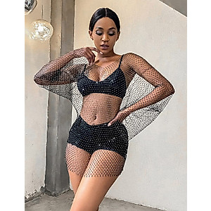 Lrady Women's Rhinestone Mesh Sheer Fishnet Long Sleeve V Neck Mini Dresses Sexy Bikini Beach Cover Up Clubwear, Black & White, Large