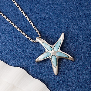 Aloha Jewelry Sterling Silver Natural Larimar Starfish Necklace Pendant with 18inch Box Chain blue ALA0788101