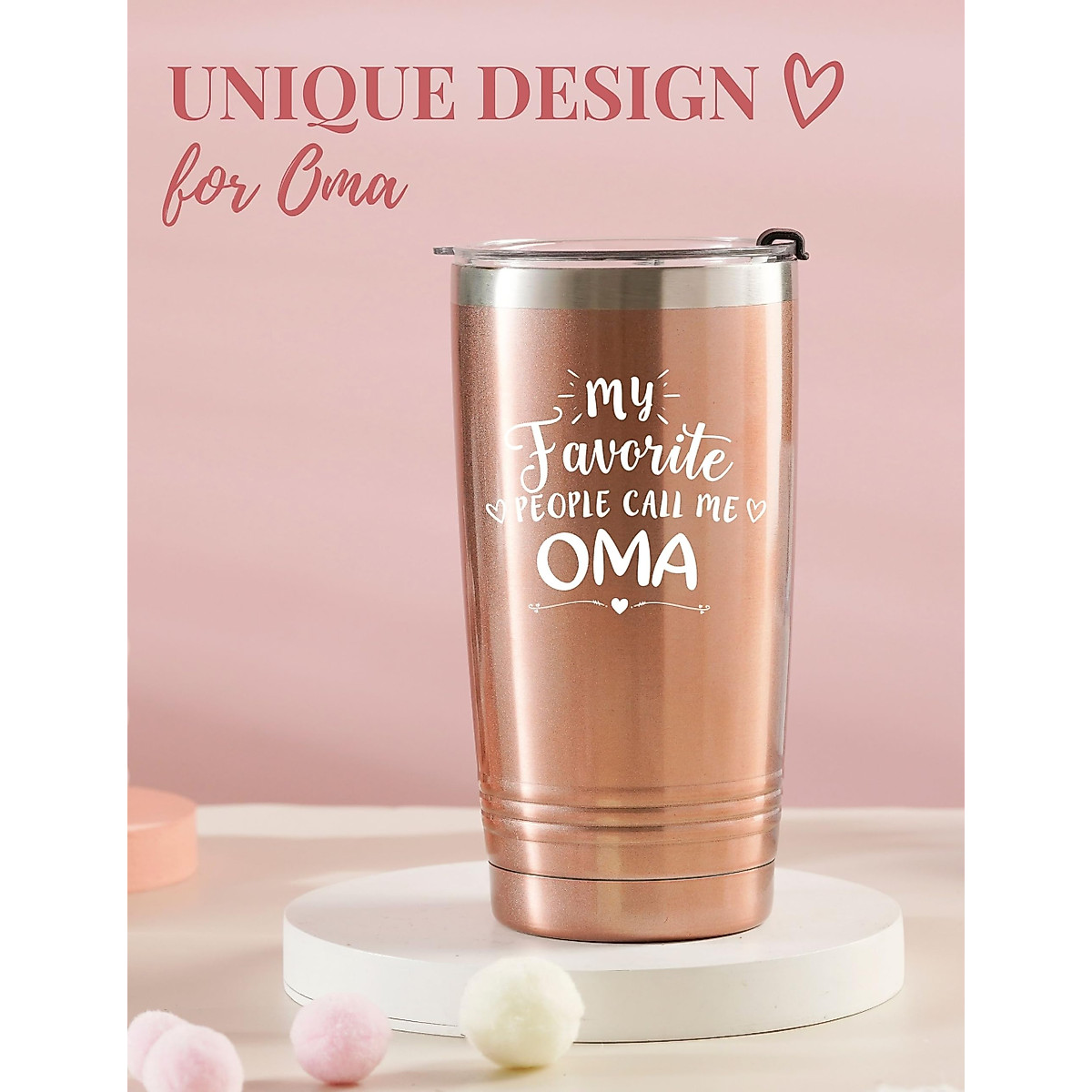 Onebttl Oma Gifts for Grandma, Insulated Stainless Steel Wine Tumbler with Lid, For Grandma on Birthday, Mother’s Day, Christmas, Rose Gold, (20 oz) My favorite people call me Oma
