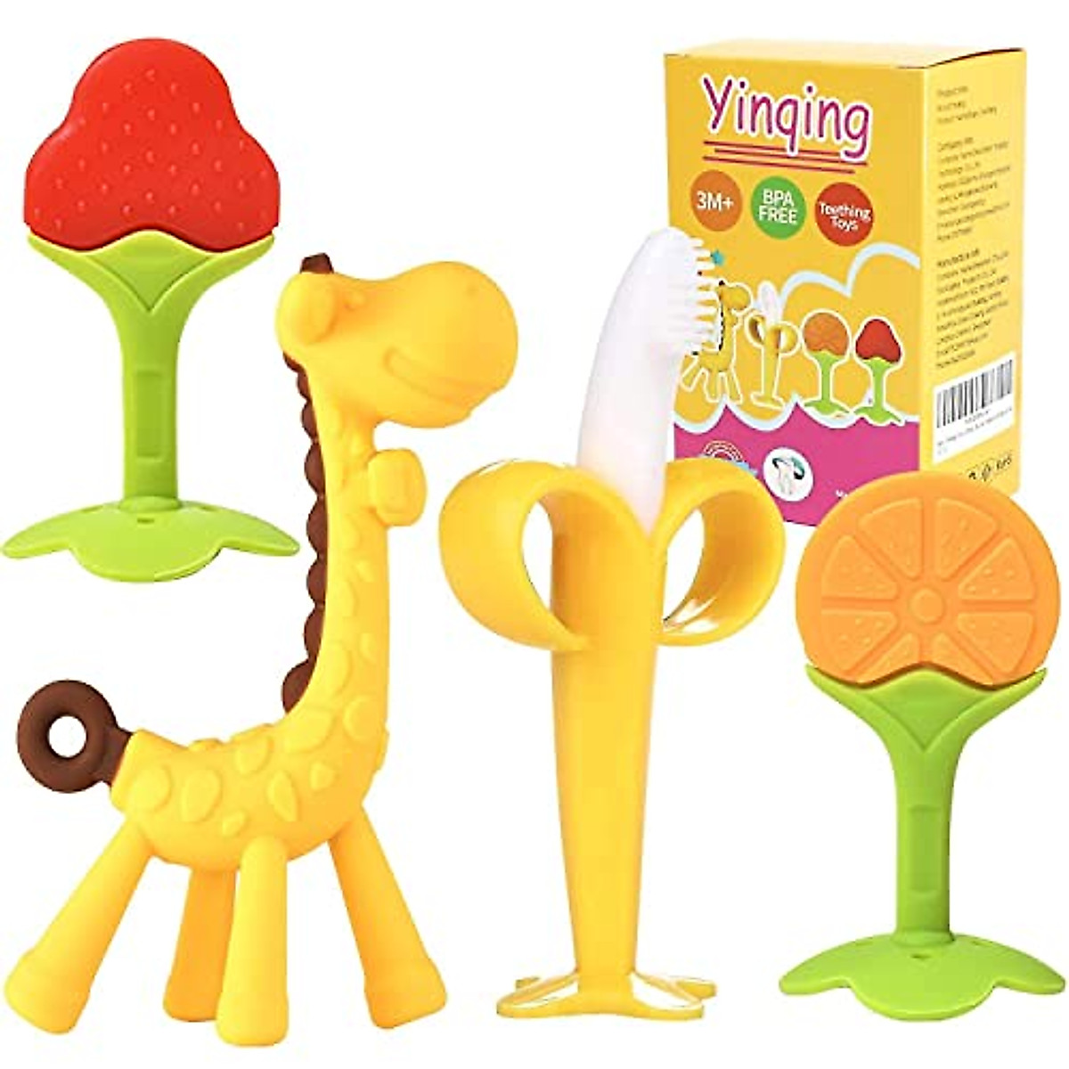 Baby Teething Toys, Silicone Baby Teether Soothe Babies Gums, Banana Toothbrushes, Fruit Shape Giraffe Teething Toys with Storage Case/Bpa-Free Teether Set for Toddler