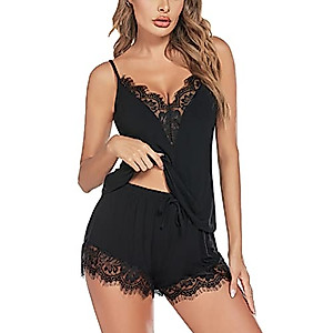 Avidlove Cami Sleepwear for Womens Sexy Lingerie Set Modal Pajamas Lace Trim Shorts Set Nightwear (Black,M)