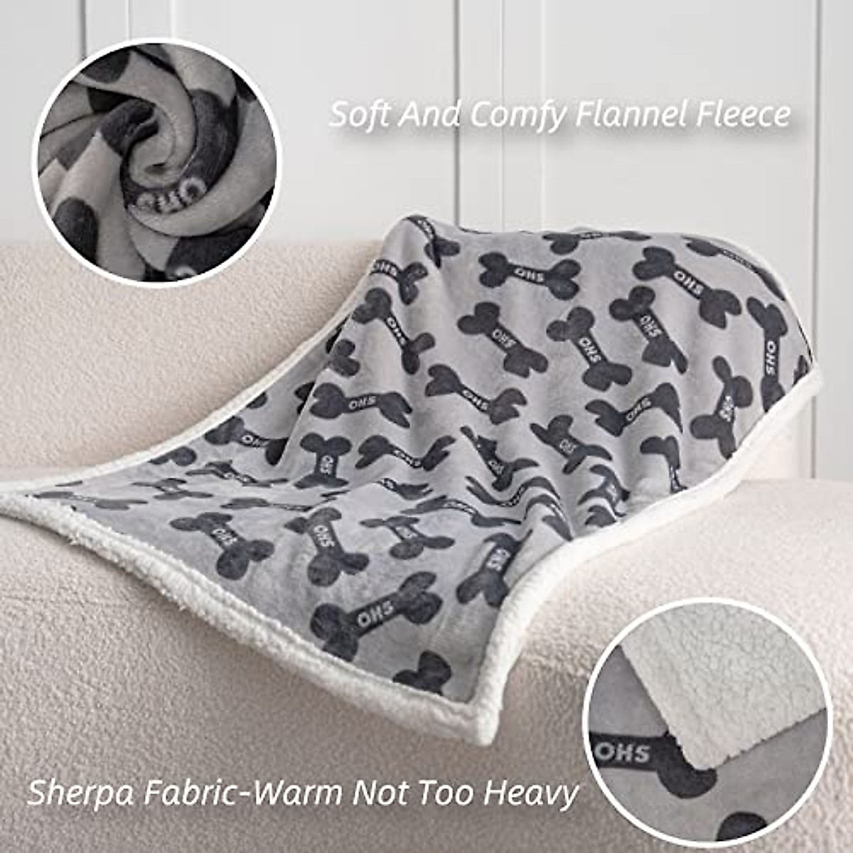 WIN WM MORE Dog Blankets 2 Pack Flannel Fleece Sherpa Puppy Throw Blankets Bulk 30x43 Inch Warm Sleeping Ultra Soft Bone Printed Plush Fluffy Paw Mat for Pet Couch Bed, Grey and Pink