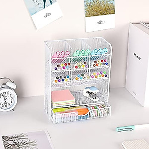 Spacrea Pen Holder Desk Organizer - Desk Organizers and Accessories, Pencil Holder with 10 Compartments and 1 Drawer（White）