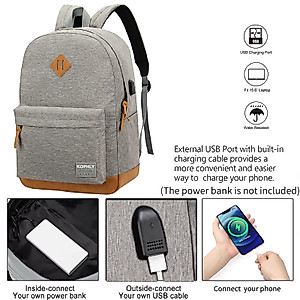 KOPHLY Travel Laptop Backpack with Leather Decoration, USB Charging Port, Classic Backpack for College, Work Bag, Travel Backpacks(18 Inches/Light Grey)
