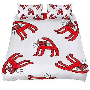 DragonBtu Red Cat 3 Piece with 2 Pillow Shams Comfortable Print Bedding Set Soft Comforter Cover Set for Women Girl