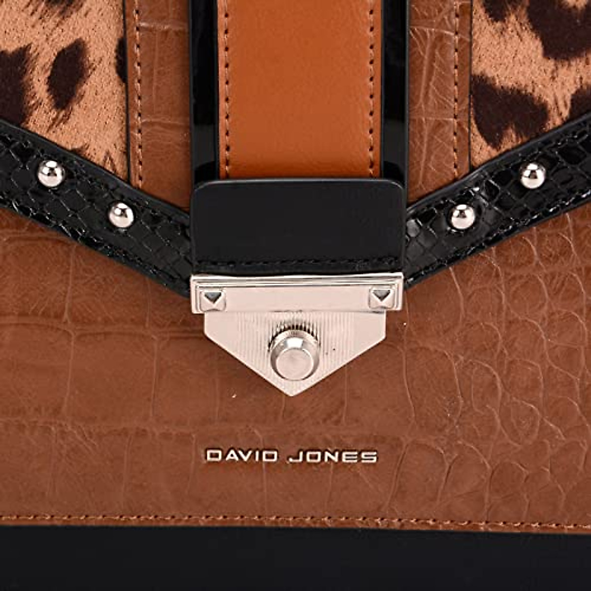 DAVID JONES Leopard Print Women Fashion Stud Satchel Top Handle Bag-Brown/Black