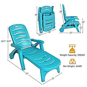 Giantex Patio Chaise Lounge Recliner on Wheels, Folding Deck Chair with Armrests, 5 Adjustable Positions for Poolside, Yard, Garden Rolling Outdoor Lounger Sunbathing Beach Chair(2, Turquoise)