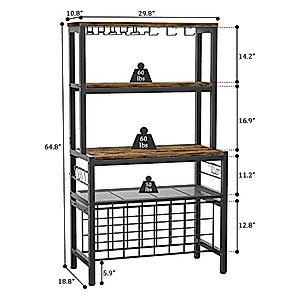 Unikito Wine Rack Table, Modern Freestanding Floor Liquor Bar Table Cabinet with Glass Rack Bottle Shelf, Industrial Wine Bar Cabinet with Storage and Hook for Home Kitchen Dining Room, Rustic Brown