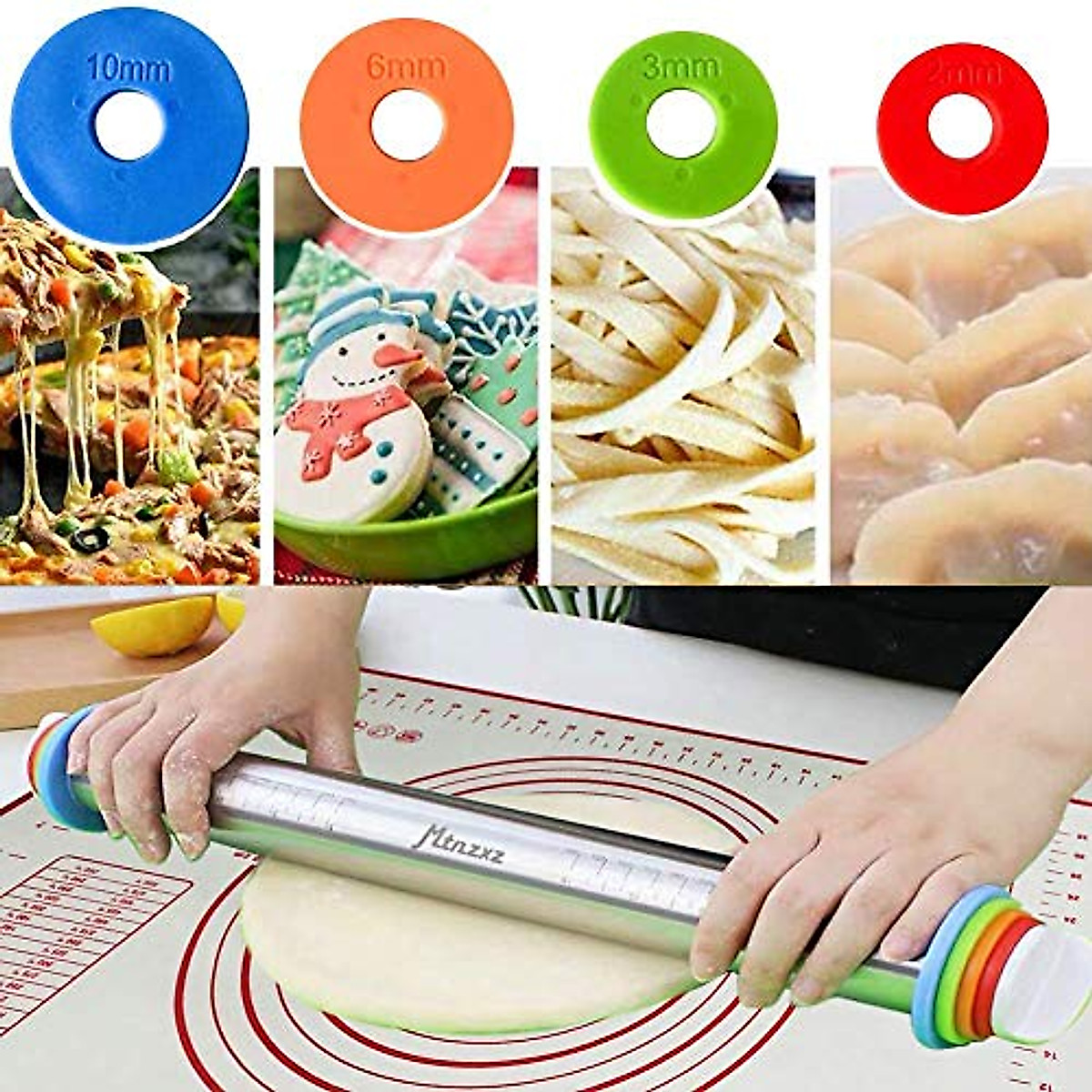 Rolling Pin and Silicone Baking Pastry Mat Set, Stainless Steel Dough Roller, Rolling Pins with Adjustable Thickness Rings, for Baking Dough, Pizza, Pie, Pastries, Pasta, Cookies
