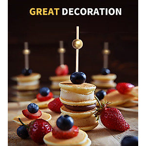 200PCS Cocktail Picks, Fancy Cocktail Toothpicks for Appetizers Picks, Handmade Bamboo Cocktail Skewers for Appetizers Fruit Party, Gold Pearl Food Picks Charcuterie Accessories (4.7 Inch)