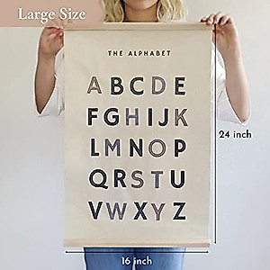 Bon et Beau 16 x 24 Inch Embroidered Alphabet Poster Framed with Wood Hanger - Neutral Gray Wall Decor for Boys Nursery, Bedroom, Playroom, Toddler and Kids Room