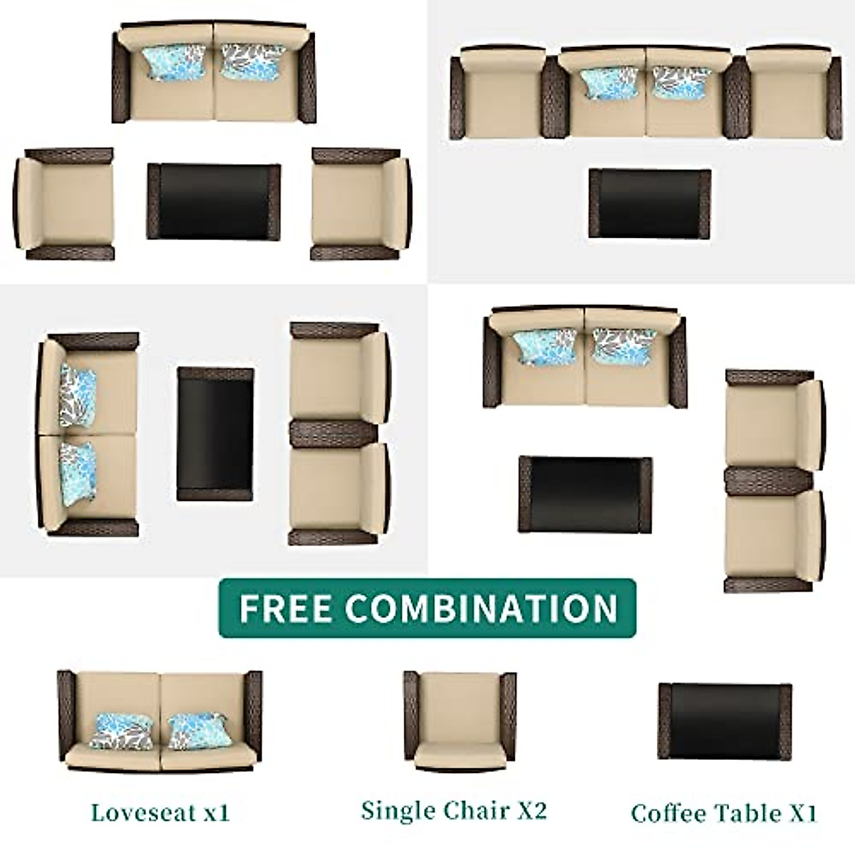 YITAHOME 5 Piece Patio Furniture Sets, All-Weather Outdoor Patio Conversation Set, PE Rattan Wicker Small Sectional Patio Sofa Set with Table, Brown