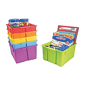 EAI Education Heavy-Duty Bins for Classroom, Office and Home, No Sharp Edges, Stackable, 14 3/8" L 11 1/2" W 7 1/2" H, Assorted Colors, Set of 6