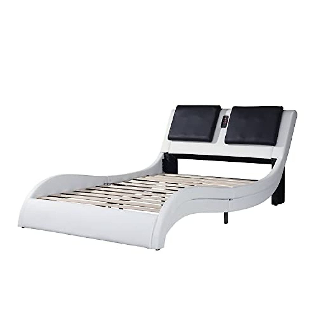 Epinki Faux Leather Upholstered Platform Bed Frame with Led Lighting, Bluetooth Connection to Play Music Control, Backrest Vibration Massage, King