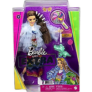 Barbie Extra Doll & Accessories with Long Brunette Hair and Bling Clips in Multi-Colored Dress with Pet Crocodile