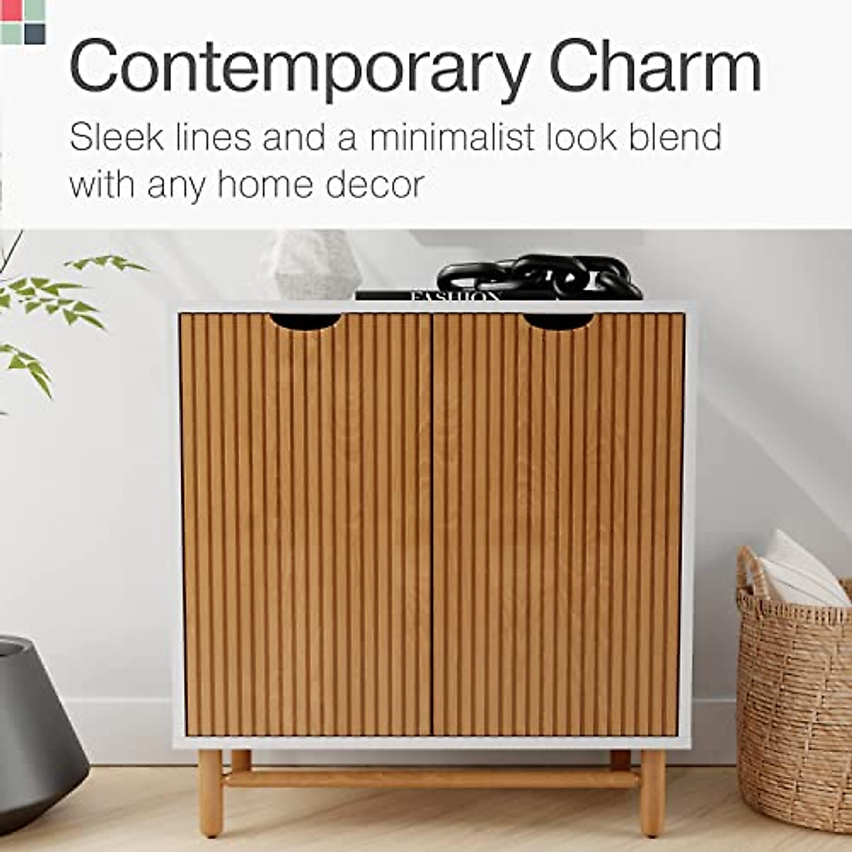 Stead Fluted Sideboard Storage Cabinet - Mid Century Modern Accent Cabinet with Doors - Great in Living Rooms, Bedrooms, and Entryways (White and Oak)
