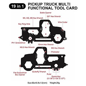 19 in 1 Pickup Truck - Survival Pocket Credit Card Tool Wallet Multitool - Bottle Opener Keychain EDC Multi Use Tool - Useful Cool Tools and Gadgets for Men Husband Stocking Stuffers Small Multitools