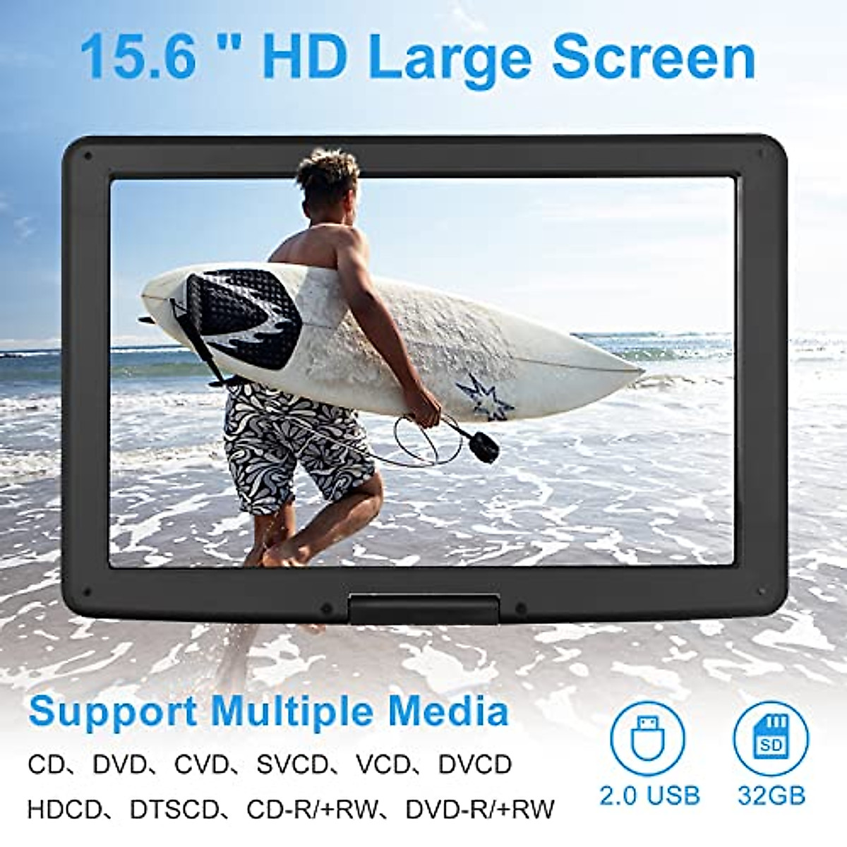 𝒀𝑶𝑶𝑯𝑶𝑶 17.9" Portable DVD Players with Large Screen, 15.6" Swivel Screen, 6 Hrs Battery DVD Player Portable with Car Charger and DC Adapter, Support USB/SD Card/Sync TV, Region Free, Black