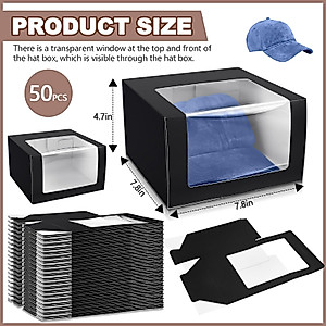 DoubleFill 50 Pcs Display Black Gift Boxes with Window Clear for Baseball Caps 7.6" x 7.6" x 4.7" Paper Hat Organizer Box Packing Fold Hat Storage Hat Display Case Hat Holder