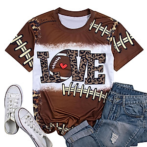 Women Football Shirt Game Day Shirt Love Football Print Tee Football Season T-Shirt Vintage Bleached Short Sleeve Top Bronze