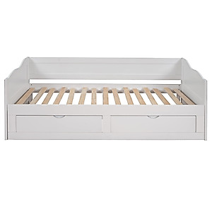 RUNWON Twin to King Size Wooden Daybed with Put-out Trundle Bed and Storage Drawers,Versatile and Expandable Bed Frame for Kids Adults